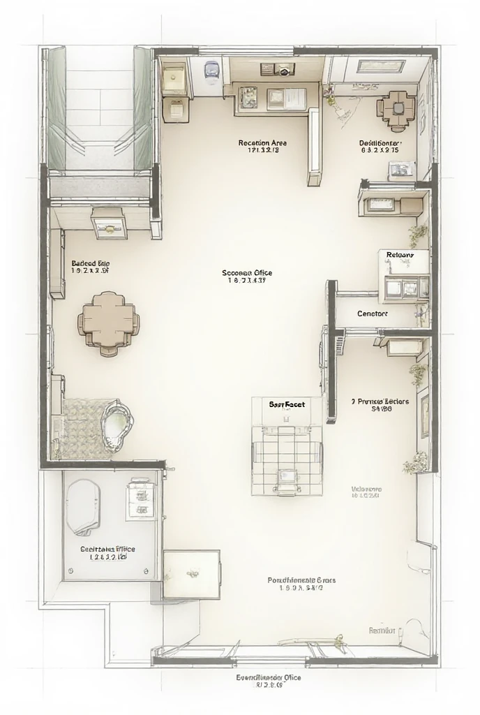 Please give me an office map of balcony, reception, secretary office ...
