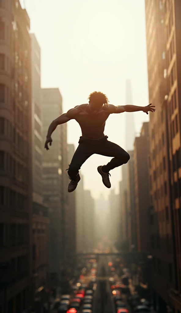 Ultra realistic action shot of a parkour athlete leaping between city ...