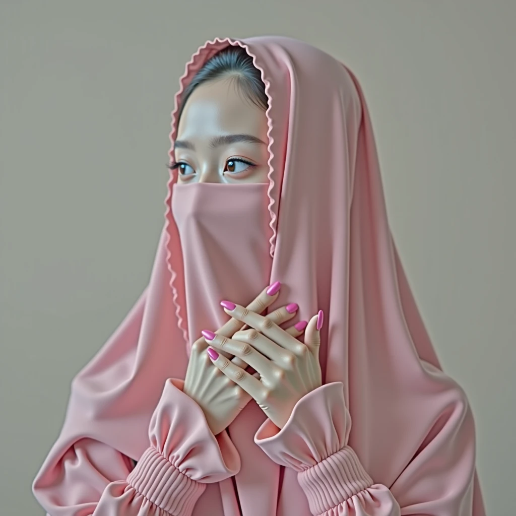 Japanese girl wearing a pink niqab, peace sign, face covered by the ...