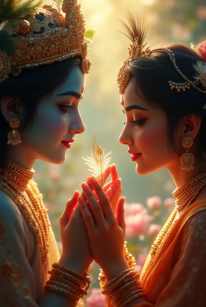"A serene and divine close-up of Lord Krishna and Radha holding hands ...