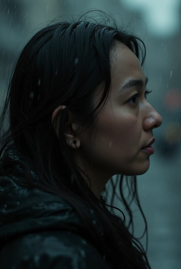 A close-up upper body portrait of a woman walking in the rain without ...