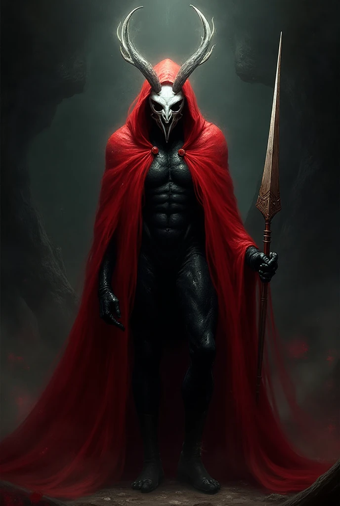 Hornet, red cloak, white mask with two large horns, large needle weapon ...