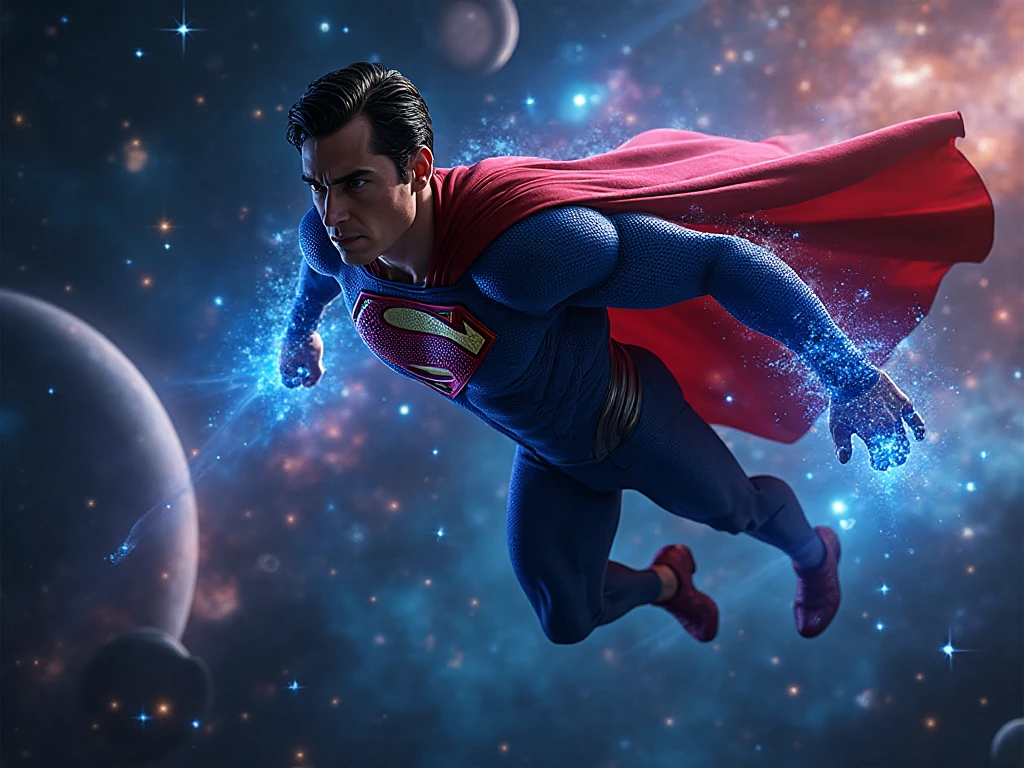 Superhero flying between galaxies, full suit made of ultra synthetic ...