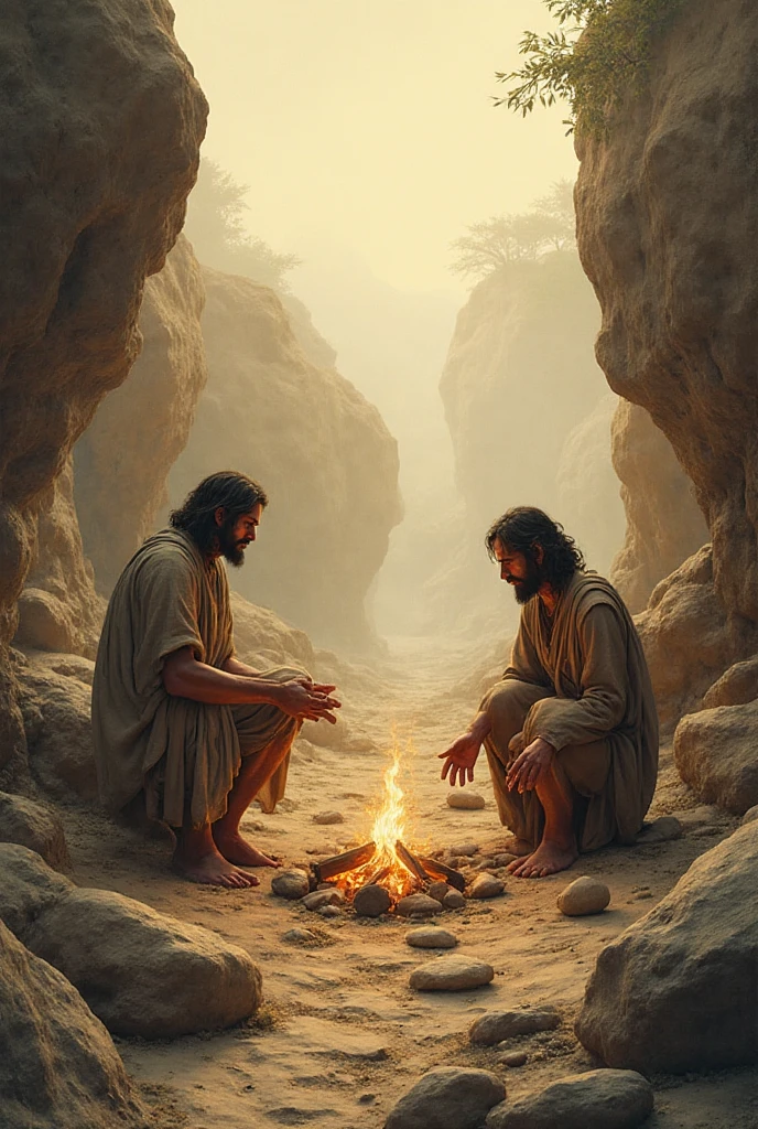 A serene prehistoric landscape at dawn, early humans sitting near a ...