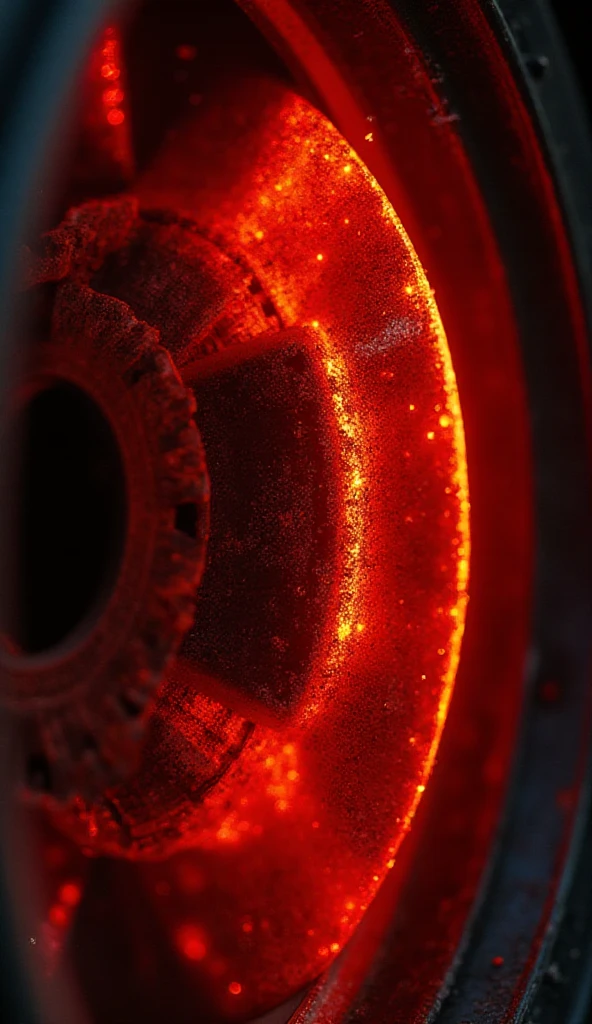 "Extreme macro photography:glowing red carbon ceramic brake disc during ...
