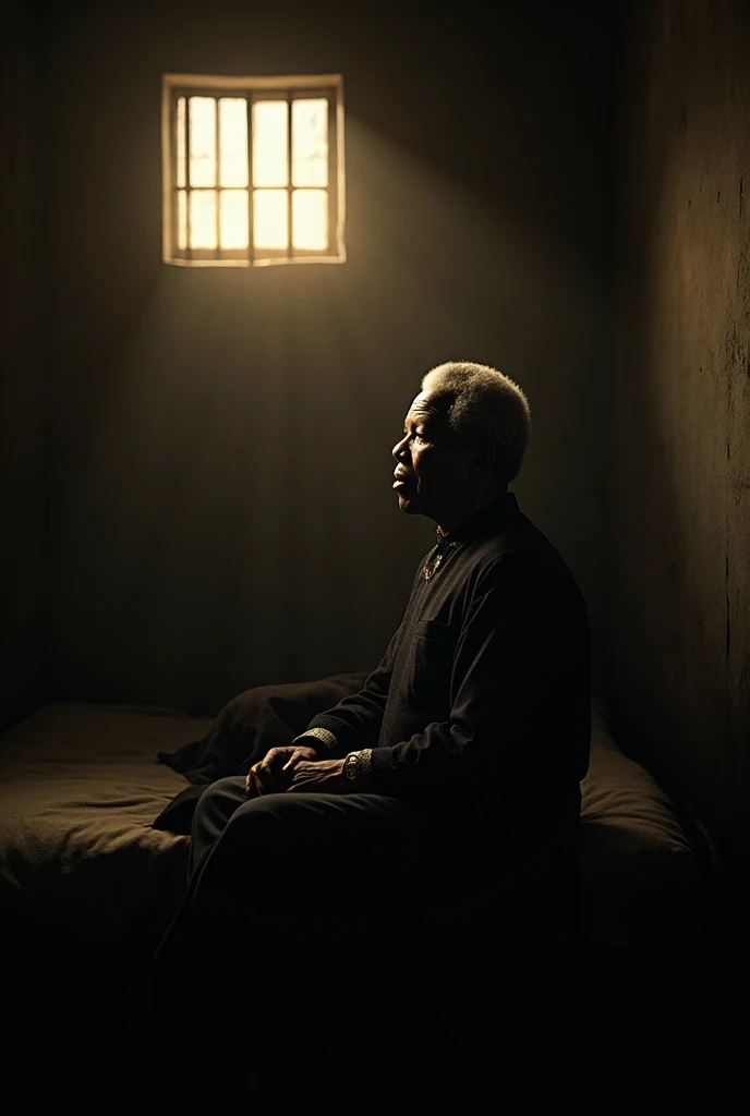 Cinematic portrait of Nelson Mandela inside a dimly lit prison cell ...