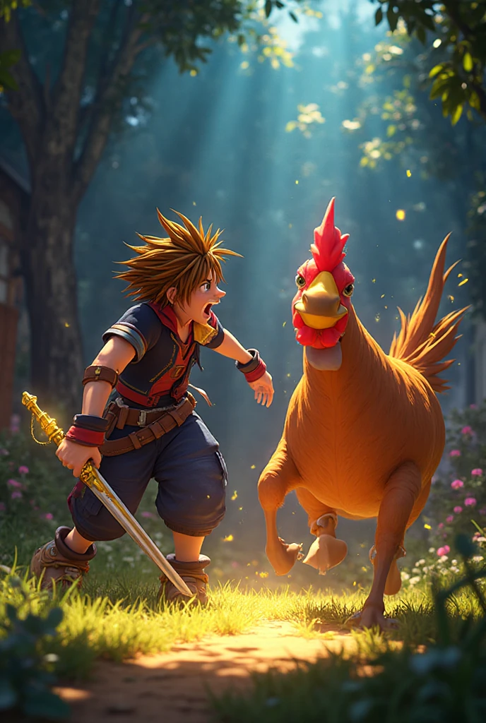 Epic animation scene in Kingdom Hearts style. Sora, with Keyblade in ...