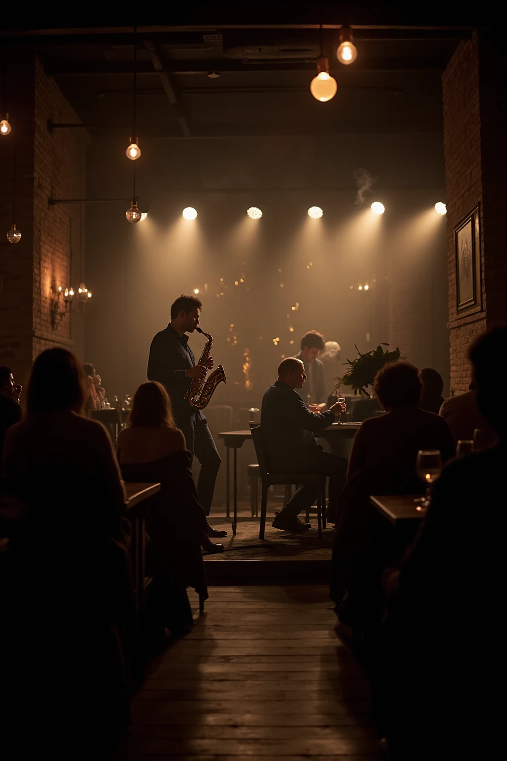 A jazz bar with soft lighting and cozy atmosphere, talented musicians ...