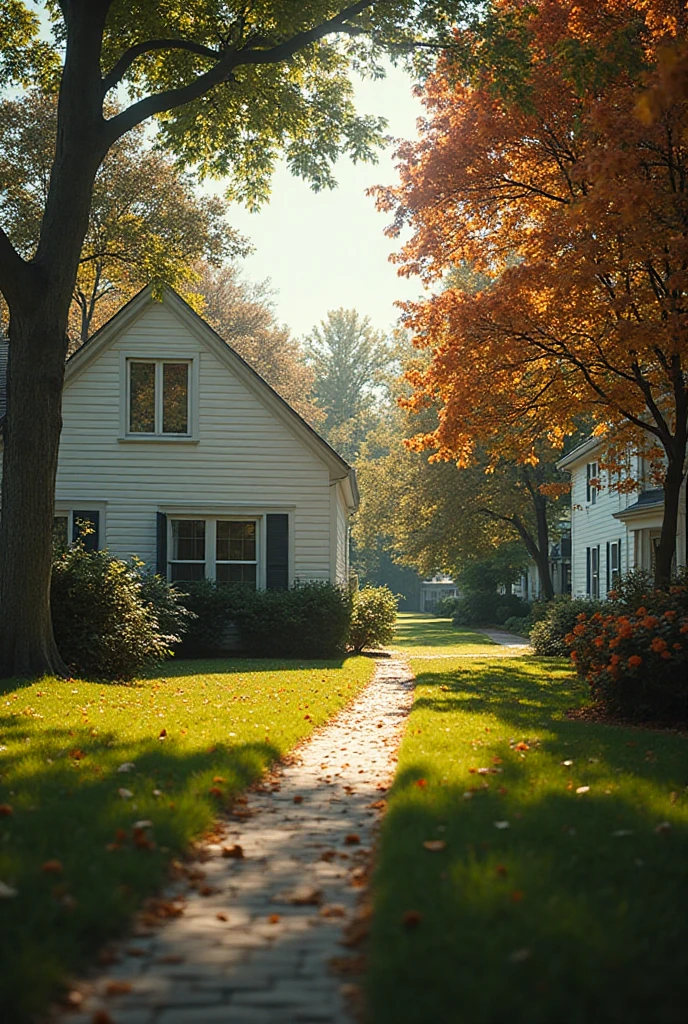 A peaceful suburban street on an unnaturally warm October day - SeaArt AI