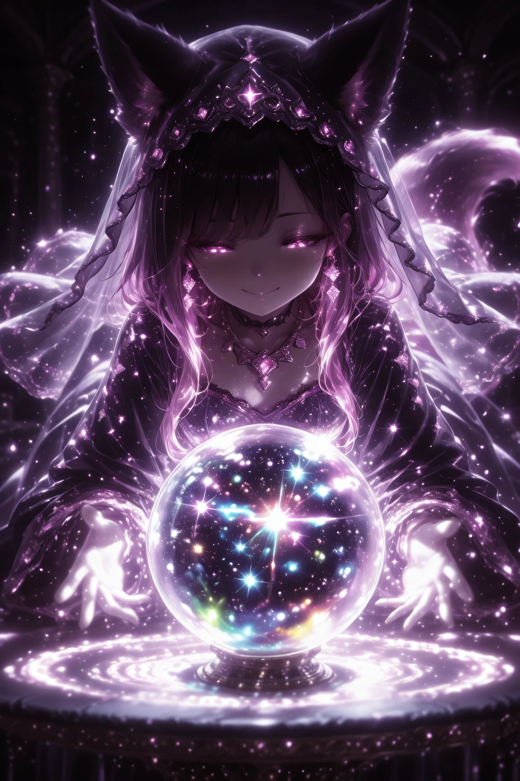 Fortune teller girl, petite, cute, with fox ears and tail, robe - SeaArt AI