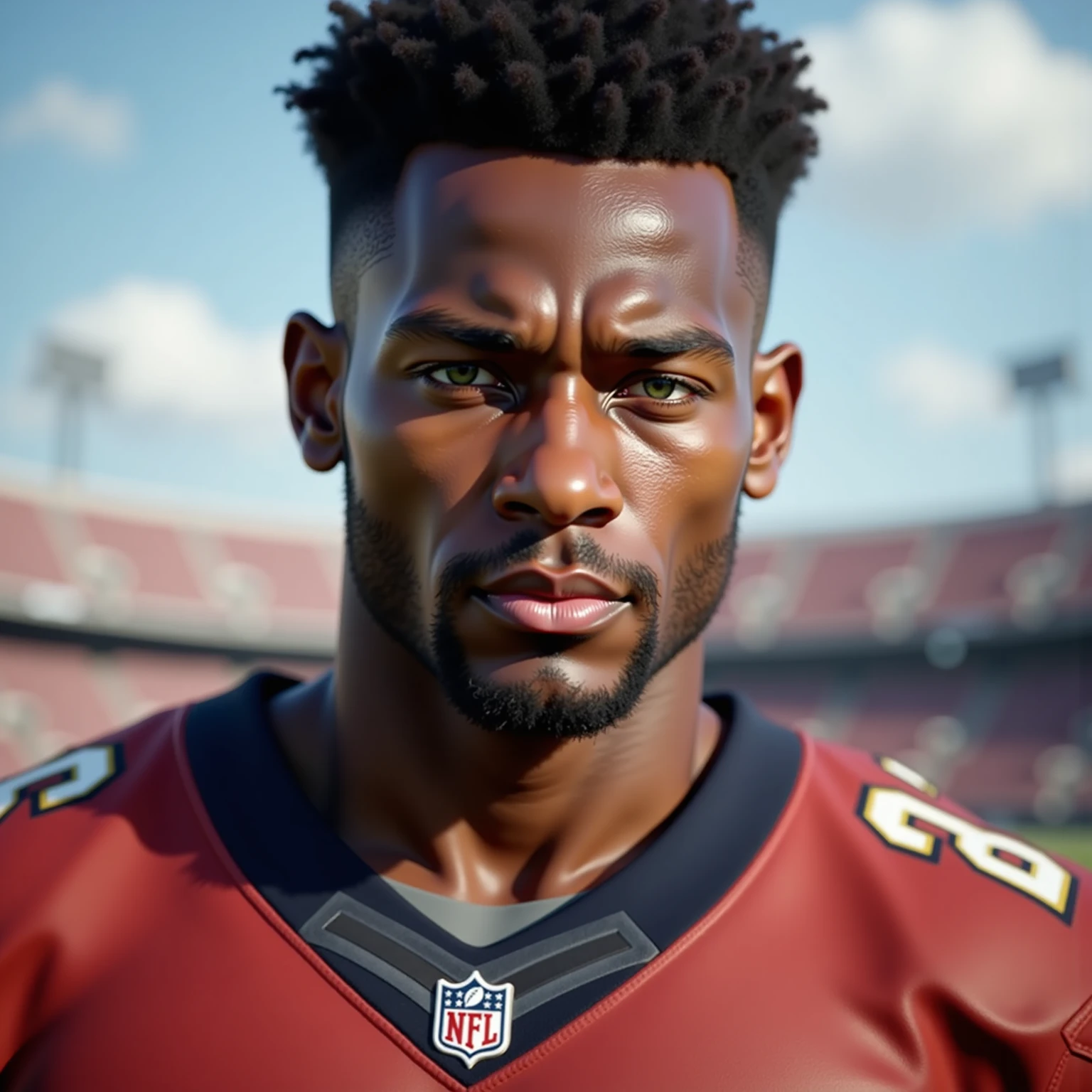 Handsome light-skinned black quarterback, green eyes, faded haircut ...