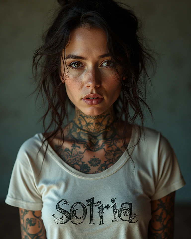 Woman with tattoos in a T-shirt with SOTIRIA logo - SeaArt AI