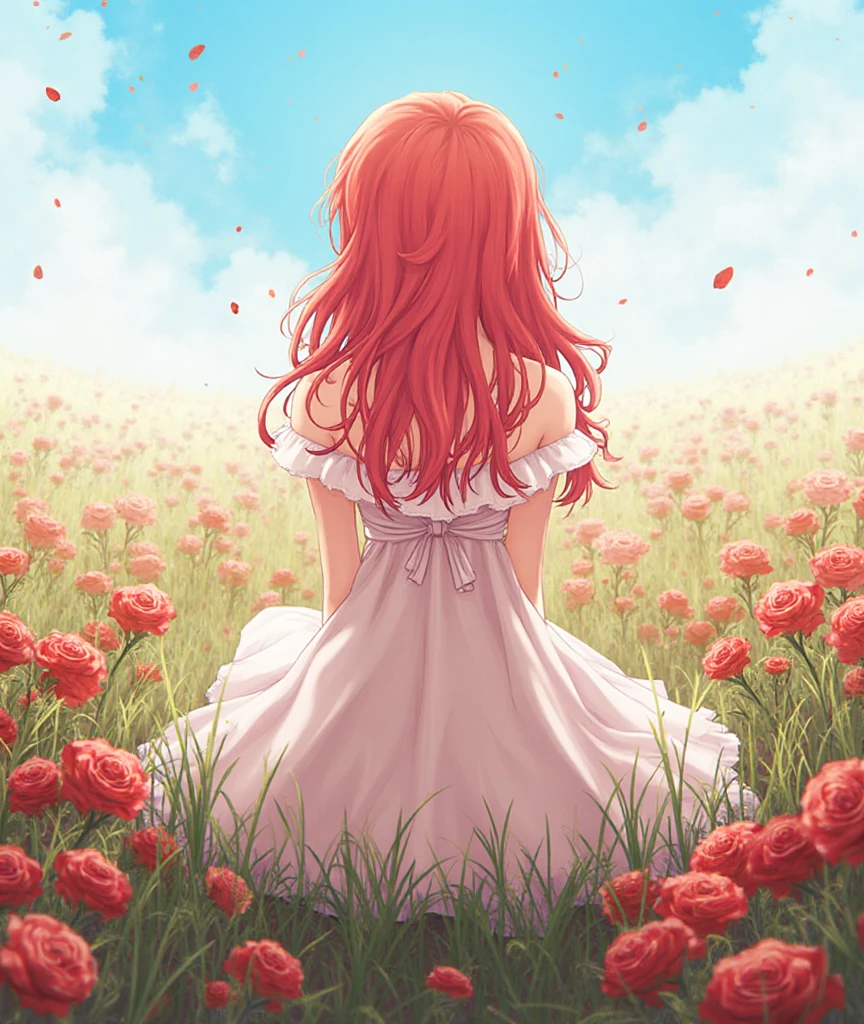 Anime girl with red hair sitting in a field with roses, Ian J - SeaArt AI