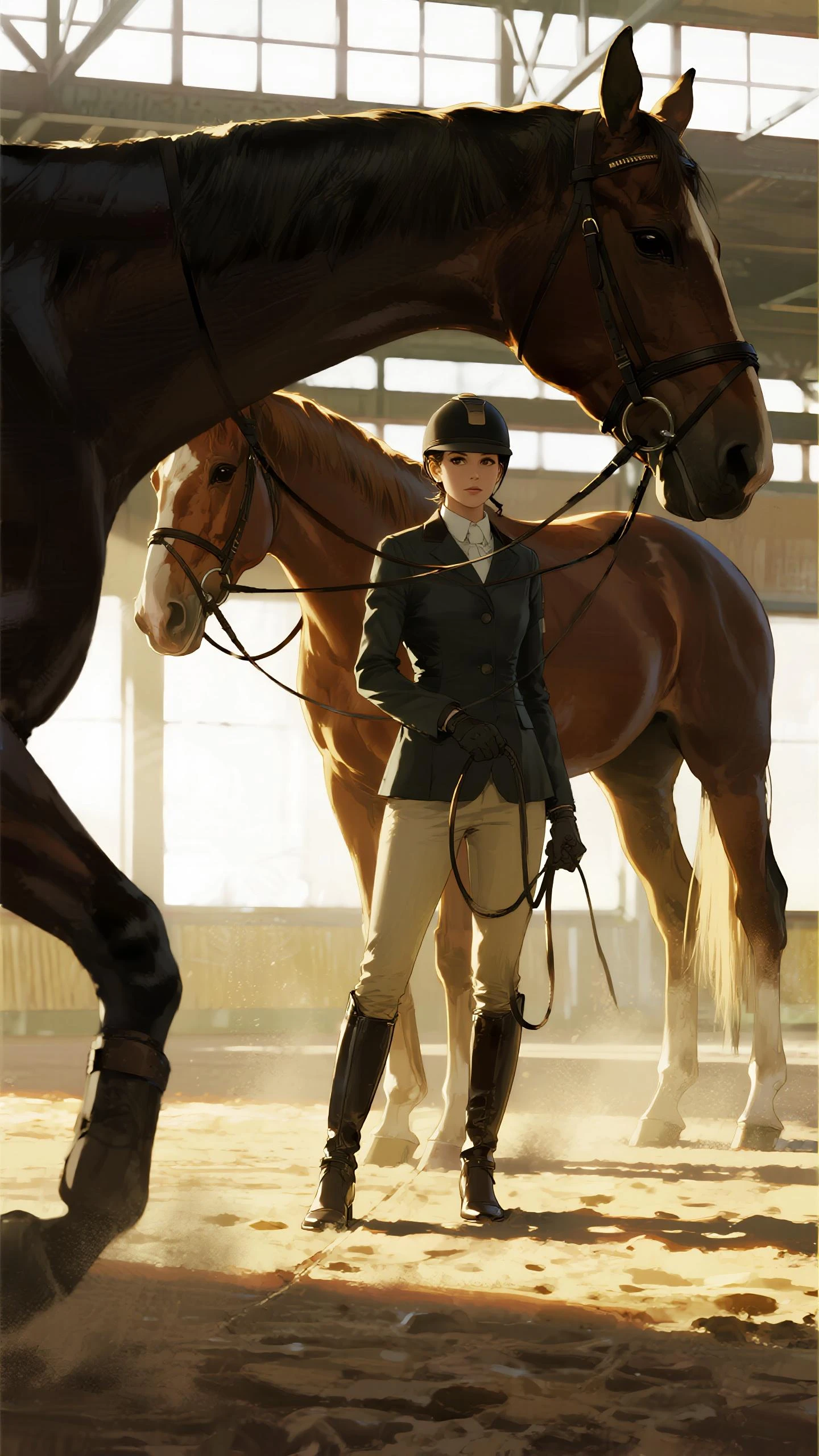 Full-body, wide-angle shot of a female equestrian trainer in her late ...