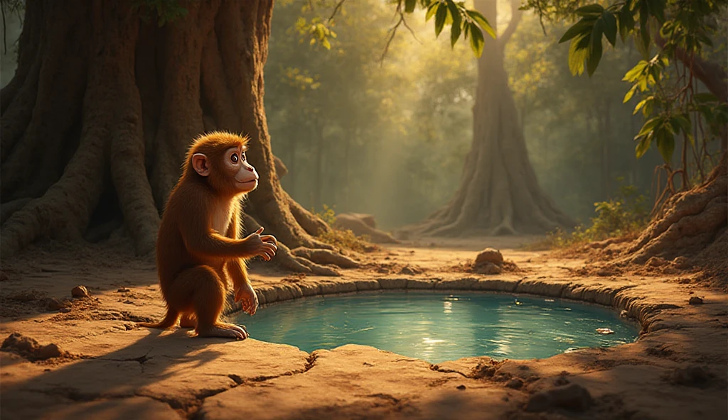 > A realistic digital painting of the same dry jungle near the old tree ...