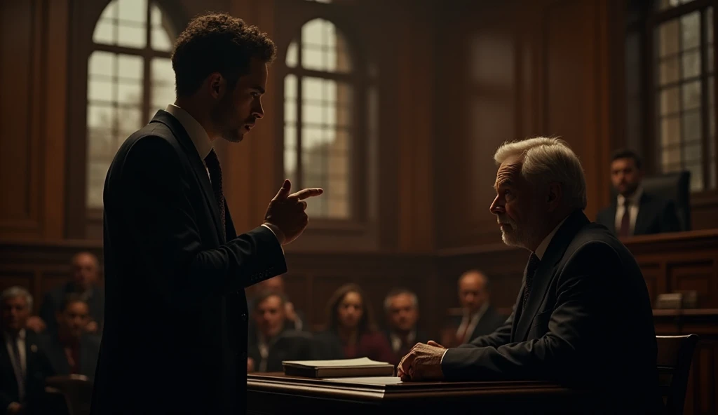 Generate a dramatic courtroom scene, tense atmosphere, a confident ...