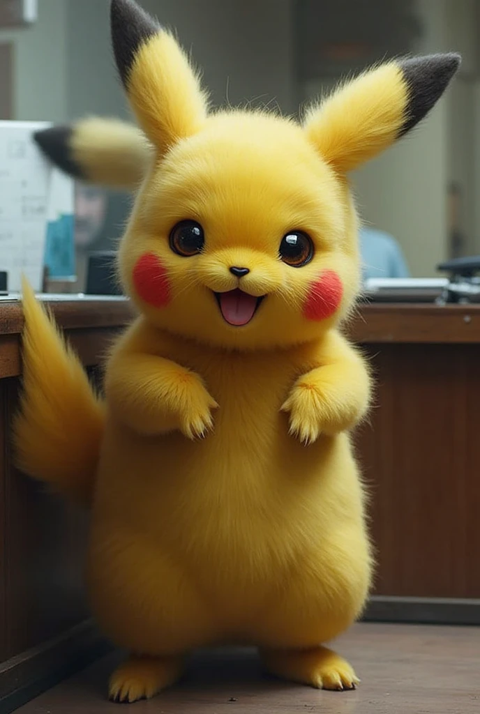 Pikachu matching reference photo standing at bank counter, struggling ...