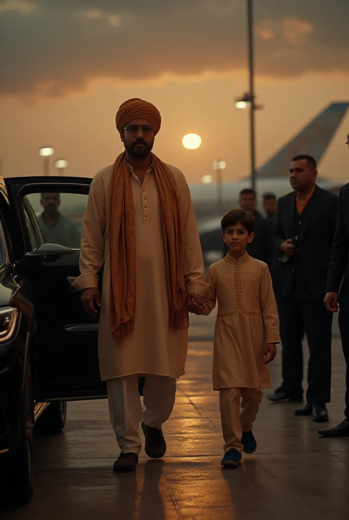 A cinematic scene showing a father and his 5-year-old son arriving at ...