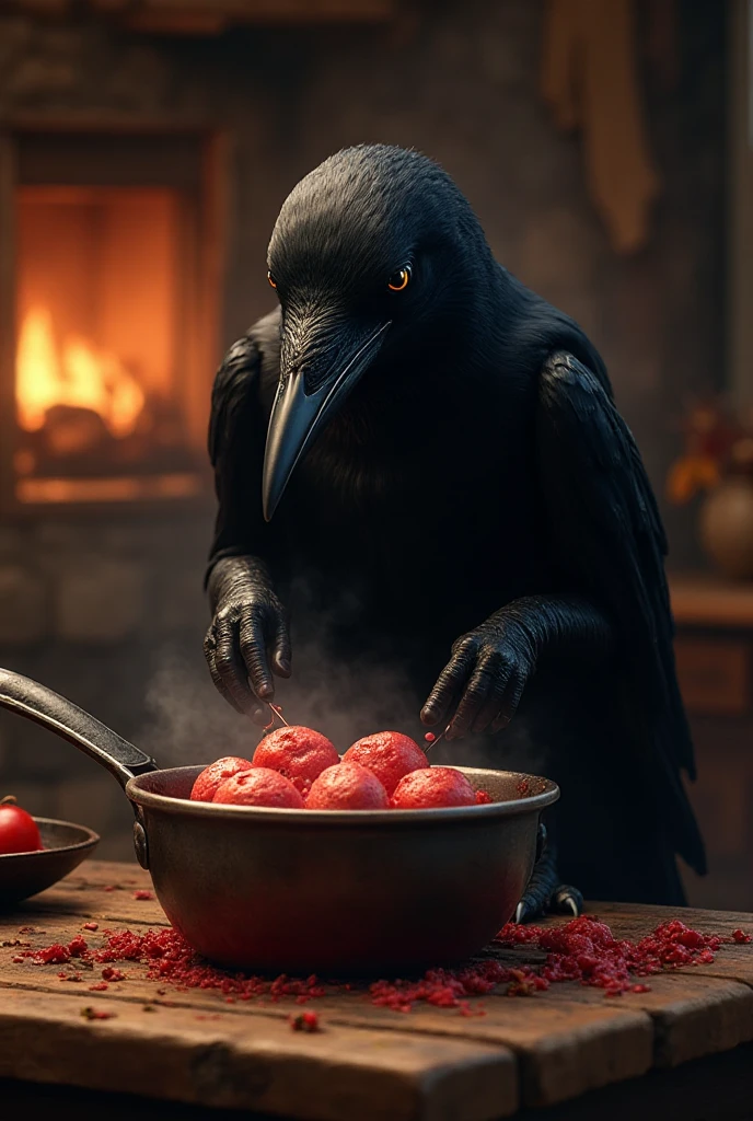 Raven cooks cherry dumplings in a saucepan - SeaArt AI