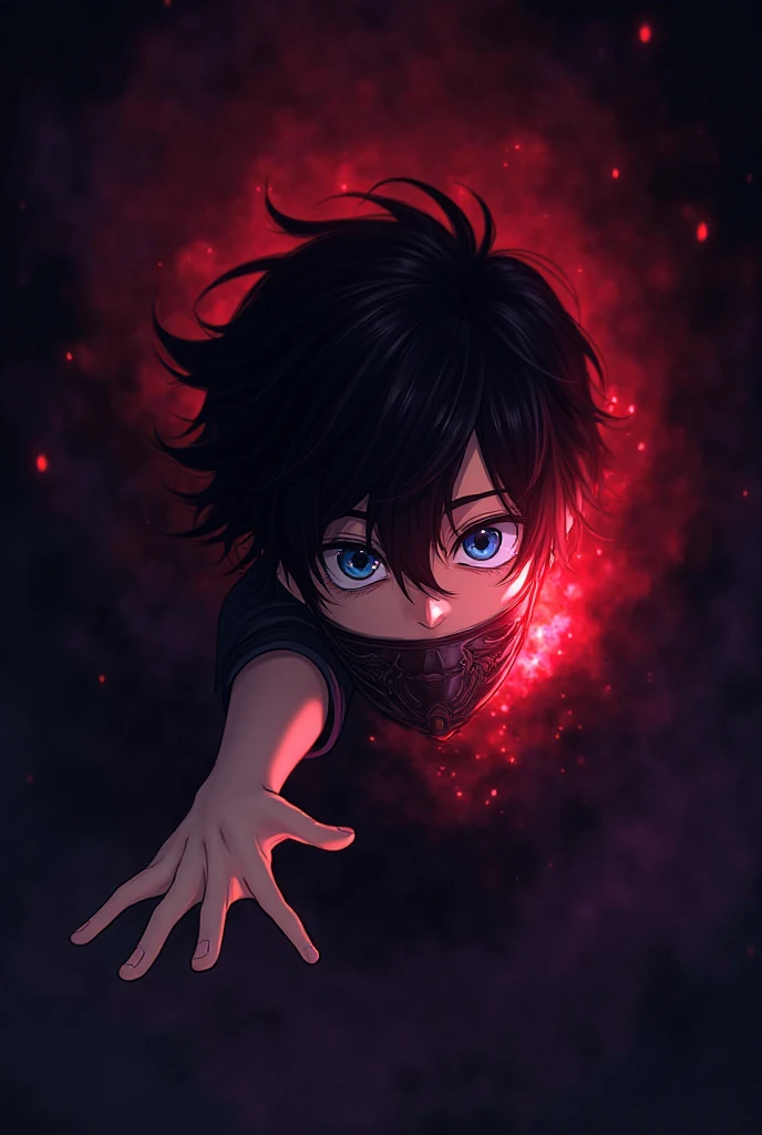 Can you make me an image of an anime boy with black hair, blue eyes ...