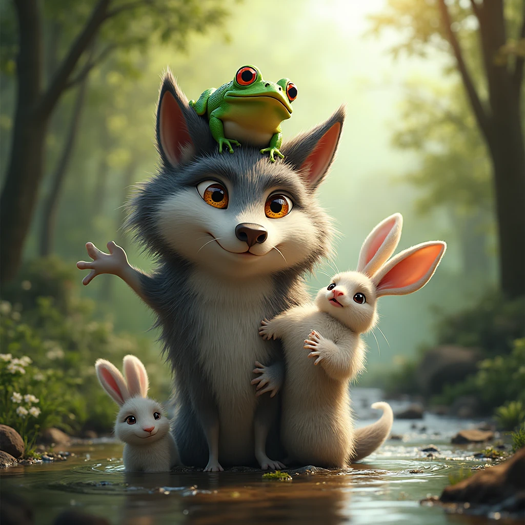 Create a trio pic for the group chat photo. A wolf, frog, and a bunny ...