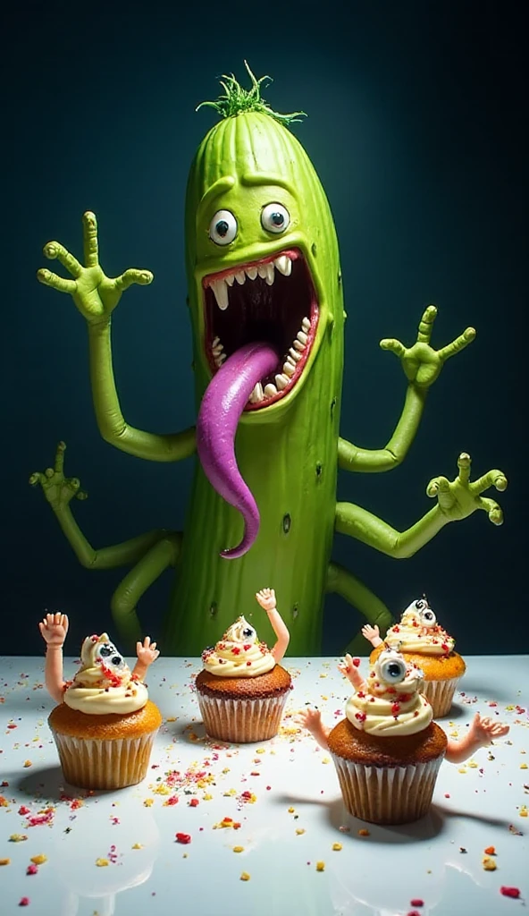 A long green pickle monster with multiple arms and a wide, crooked ...