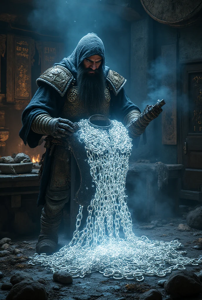 White Chains, dwarven blacksmith forging a glowing white ringmail armor ...