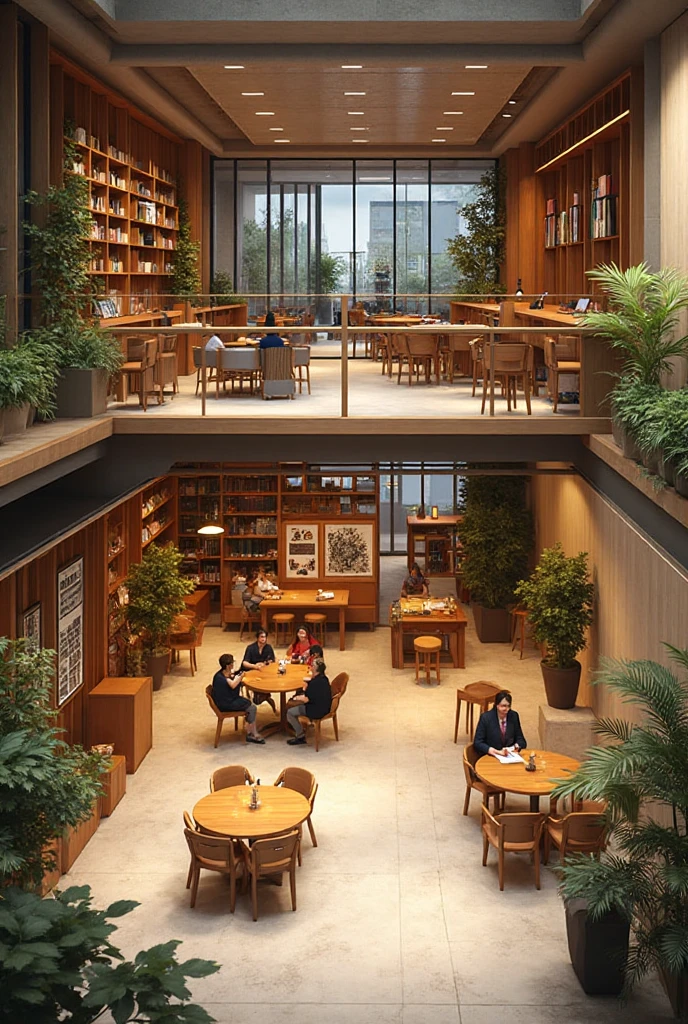 Create a second floor, there are 2 floors , library concept cafe with ...