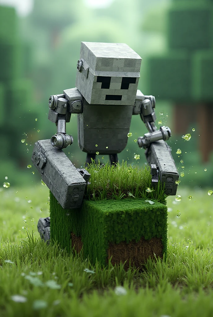Un robot con aspecto de Steve de Minecraft rompe un bloque de pasto ...