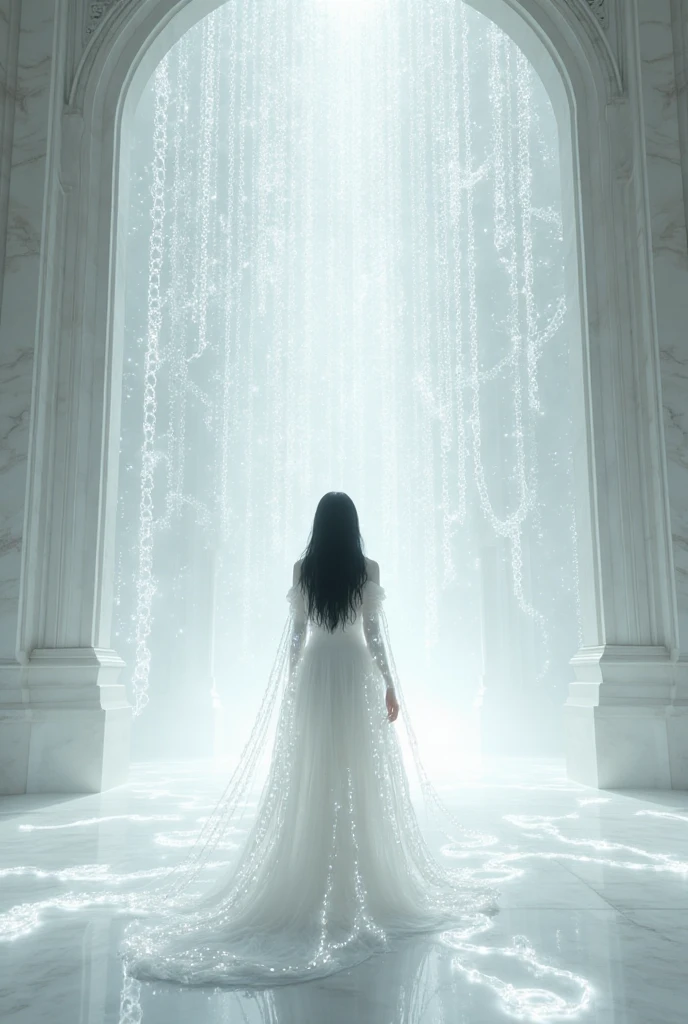 Inside a vast celestial temple made of shining white marble and ...