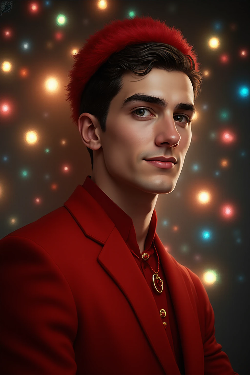 Portrait of a pretty real human man dressed in red , Who has a red ...
