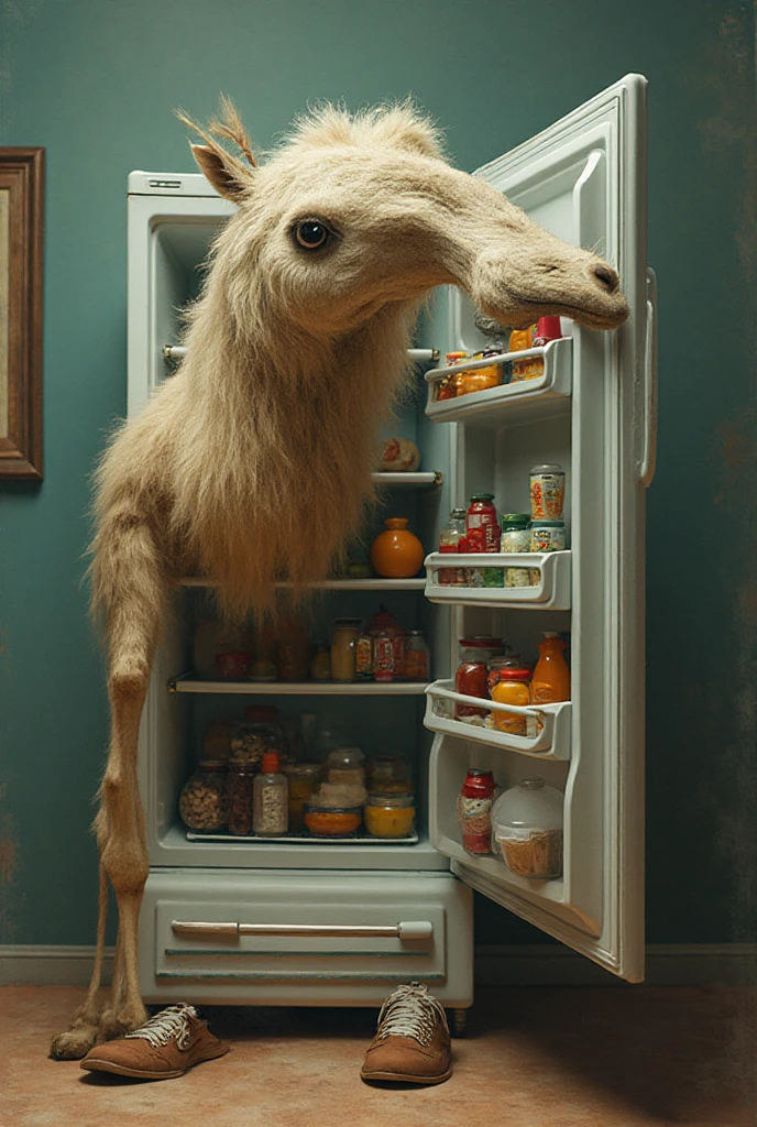A fridge with a camel head and shoes and the open fridge with food ...