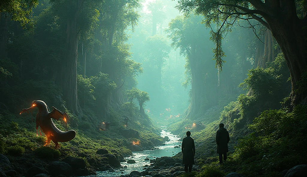 Lush alien landscapes reborn from ashes, trees glowing, rivers forming ...