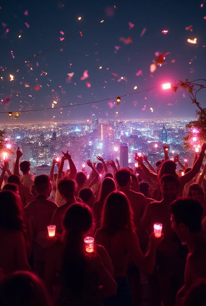 A vibrant rooftop overlooking a glowing city skyline at night - SeaArt AI