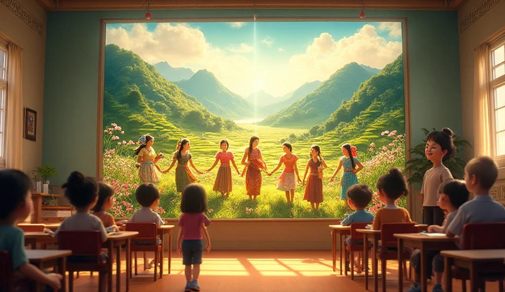 Pixar-style 3D scene inside a bright Vietnamese classroom. On the wall ...