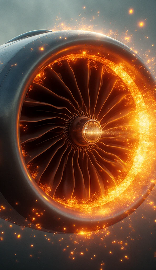 A close-up image of a passenger plane engine running and burning in a ...