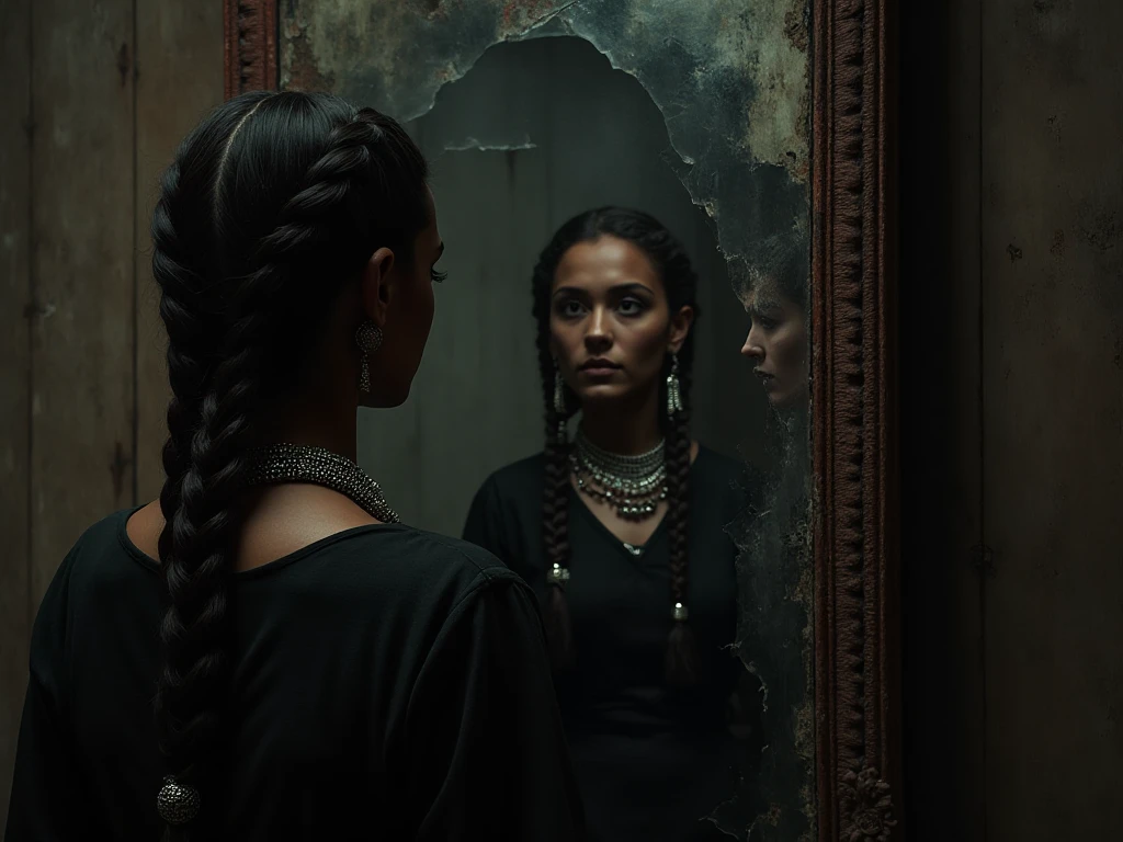 A dark, surreal portrait of a woman with braided hair and traditional ...