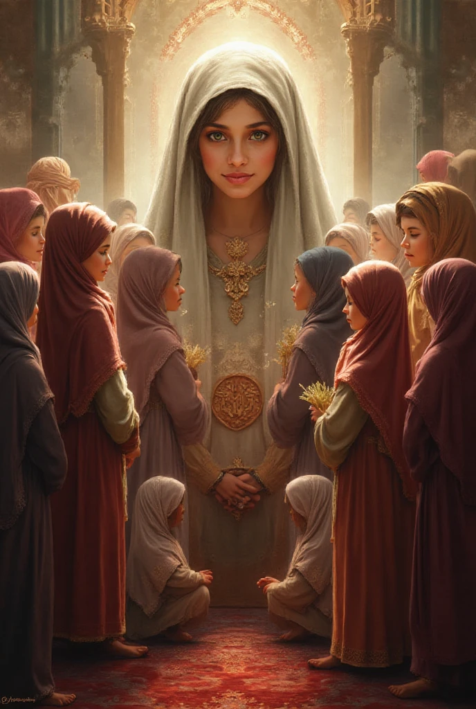 Create a photo of a group of Muslim girls with the image of Amna Al ...