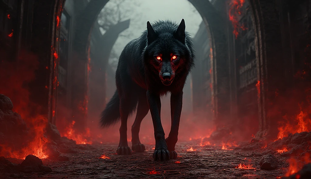 Create a captivating image of a devilish wolf standing sentinel at the ...