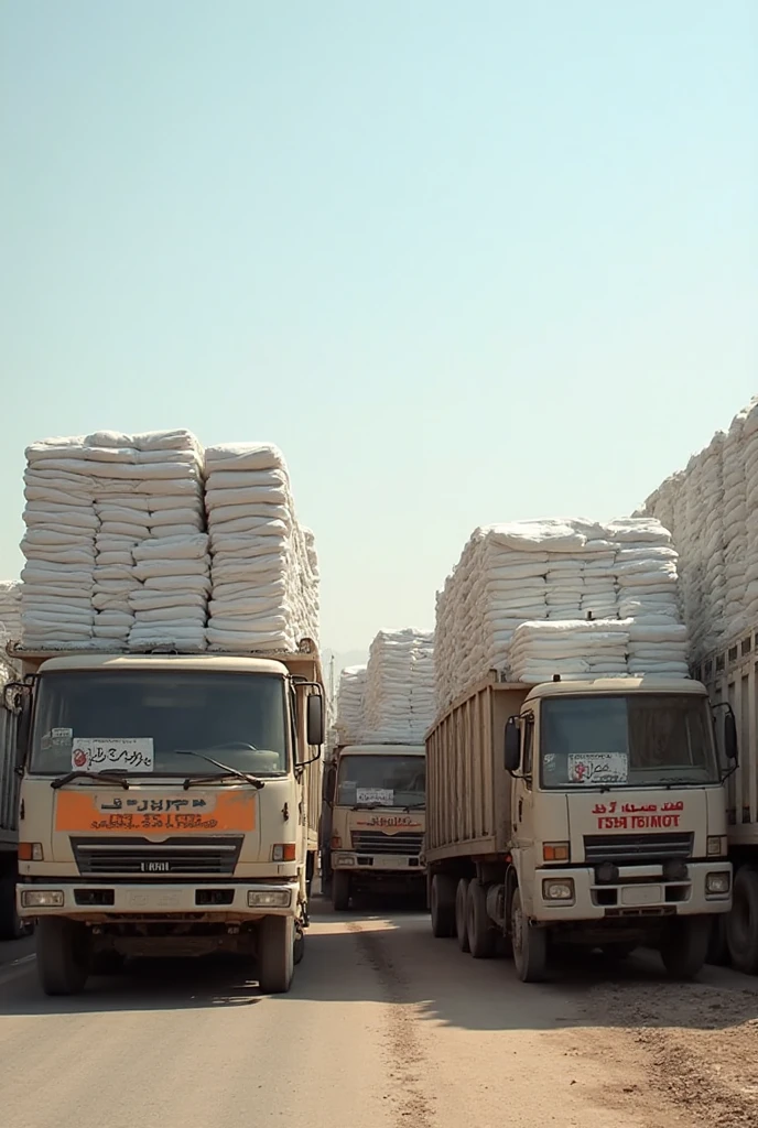> A hyper-realistic scene showing several transport trucks in Iraq ...