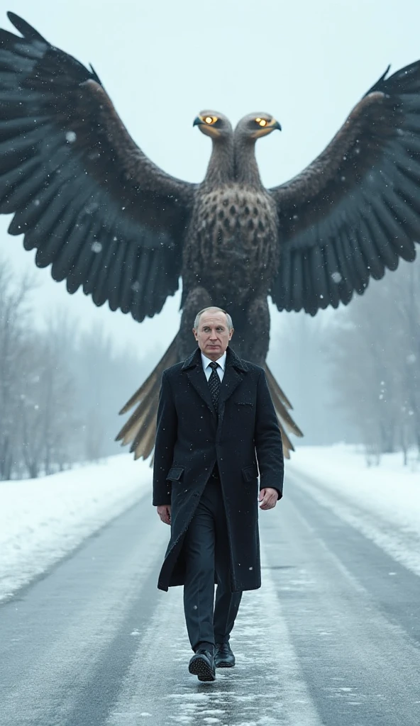 Putin walking forward across frosted marble ground as a giant two ...