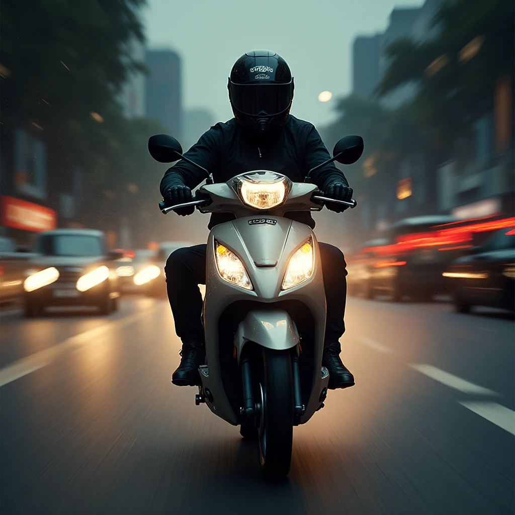 Dynamic action shot of a 125cc scooter weaving through city traffic ...