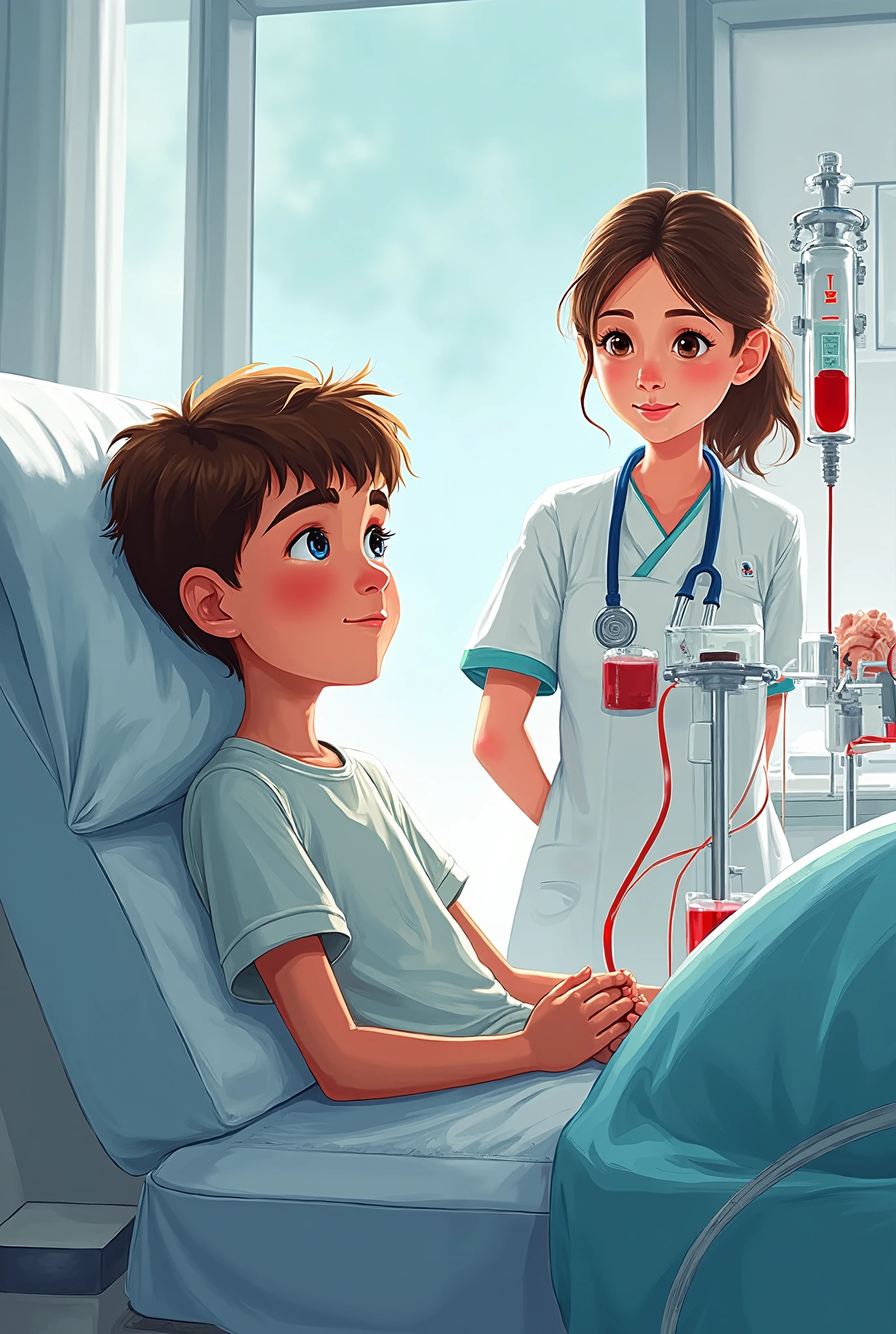 Boy administering blood and a nurse next door watching his transfusion ...
