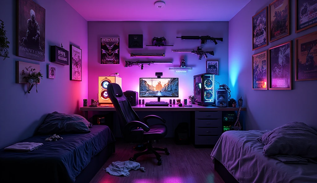 Photorealistic virtual streaming background — a cozy, slightly messy ...