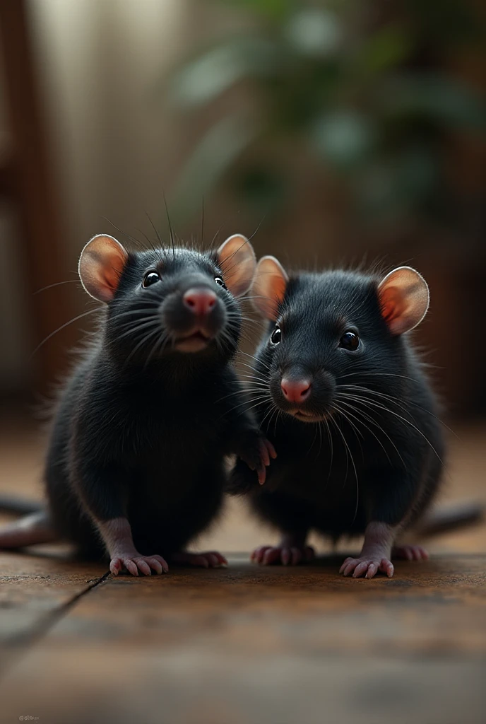 Two black rats exploring an indoor environment together, realistic ...