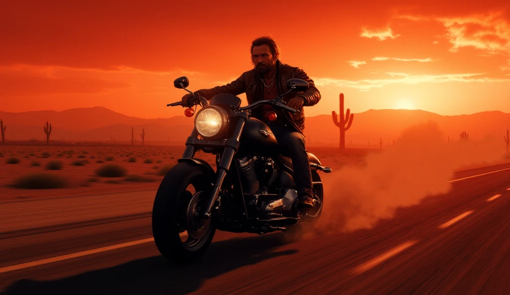 Outlaw riding a black motorcycle through a desert highway at dusk ...