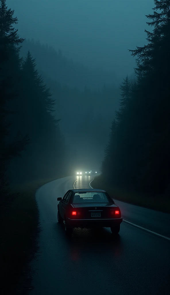 A stranded car on a dark, winding mountain road at night, surrounded by ...
