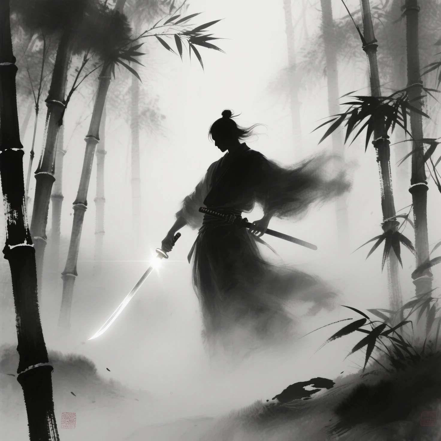 Ink wash painting style, monochrome sumi-e art. A mysterious swordsman ...