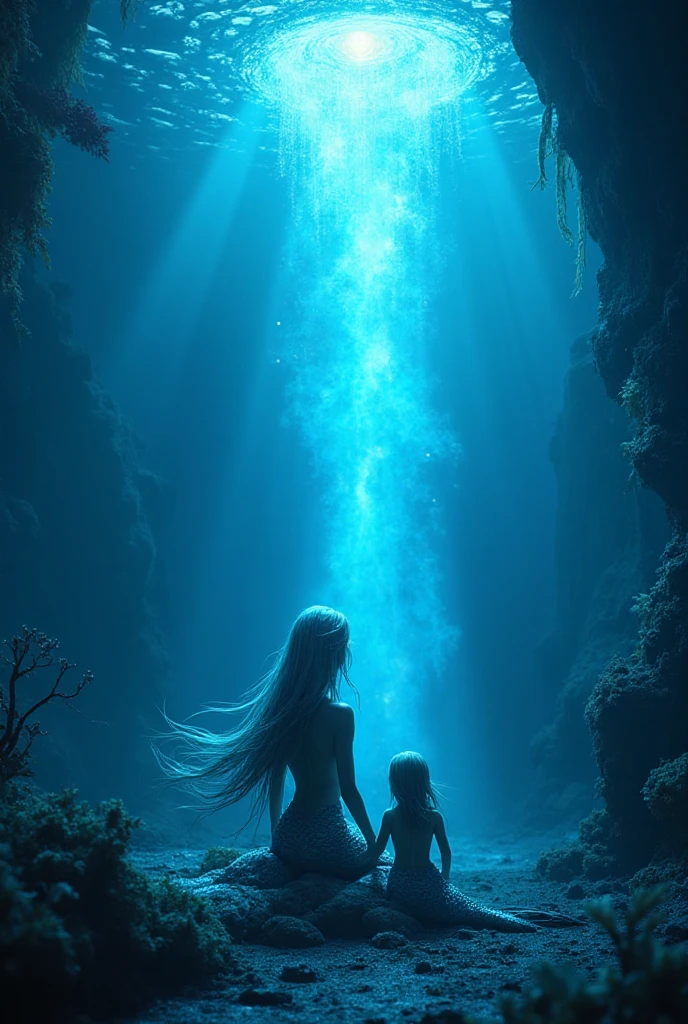 “mystical blue light rising from ocean floor, mother mermaid and baby ...