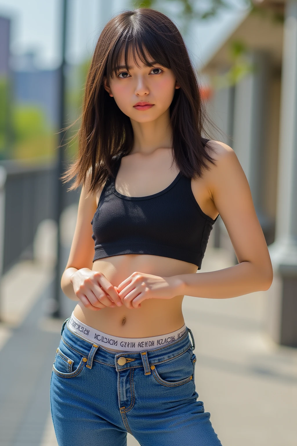 Young woman with her hands crotched、belly button out、(unbuttoned and ...